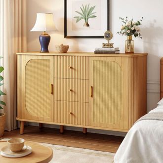 M&S Collection Buffet arrondi 2 portes en rotin + 3 tiroirs 140x40x80 cm effet ch&ecirc;ne