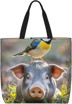 Generic Oiseau Debout Sur Une T&ecirc;te De Cochon Sac Fourre-Tout L&eacute;ger Sacs Grand Sac Cabas Pour Plage Voyage Universit&eacute;