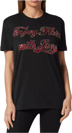 Philipp Plein Femme, Tops, Noir, Taille: 42 FR T-Shirt Avec Inscription &agrave; Sequins