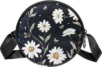 Generic Sac &agrave; bandouli&egrave;re rond pour femme, marguerites et abeilles, petit sac &agrave; bandouli&egrave;re avec fermeture &eacute;clair, bretelles r&eacute;glables, sac &agrave; main rond d&eacute;cont