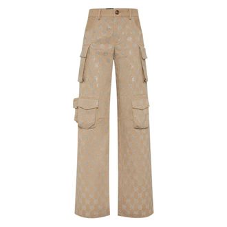Philipp Plein Femme, Pantalons, Beige, Taille: 44 FR Pantalon Long Coupe Cargo Monogramme Strass