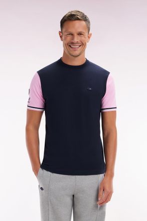 Eden Park T-shirt Xv De France Bicolore En Coton Marine Et Rose Flocage Coq Coupe Droite