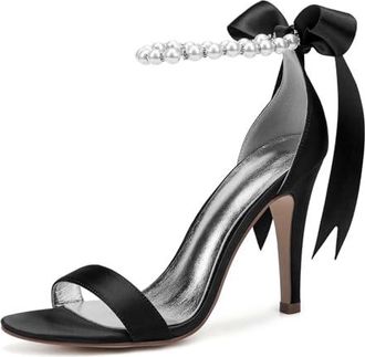 Generic Sandales À Talons Hauts Femmes Satin Chaussures De Mariée Mariage Dress Fête Peep Toe Hauts Talons10.5Cm,Noir,40 EU