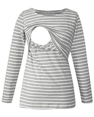 Smallshow T-Shirt dallaitement maternité à Manches Longues pour Femmes, vêtements dallaitement Grey Stripe XXL