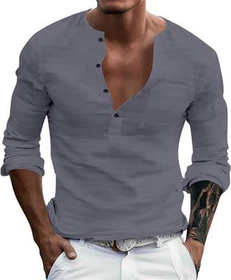 Generic T-shirt &agrave; manches longues pour homme - Style vintage - En coton - Grandes tailles - Col montant - Chemise de plage - Col rond - Chemise d&eacute;t&eacute; &eacute;l&eacute;gante 