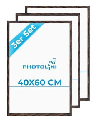 Photolini Cadres 40x60 bois MDF ch&ecirc;ne fonc&eacute;, cadre 40x60 lot de 3 pour poster et affiches, cadre 40 x 60 verre acrylique incassable, cadre photo 60x40 &agrave; suspend