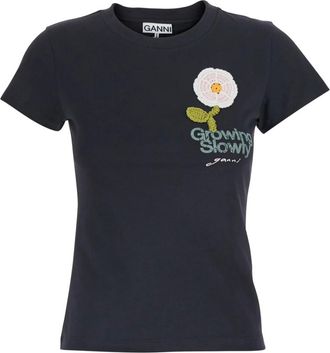 Ganni Femme, Tops, Noir, Taille: 36 FR Basic Cotton Jersey Baby Fit Crochet Patch Tee