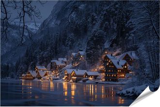 Islandburner XXL Bild Poster Winterdorf am gefrorenen See bei Nacht f&uuml;r Wohnzimmer Naturliebhaber Wellness-Spa Premium Bilder Fotodruck