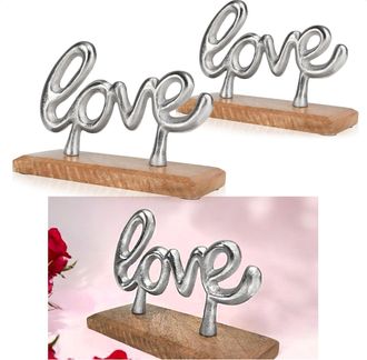 Com-Four 2X Deko Schriftzug Love aus vernickeltem Aluminium auf Mangoholz-Sockel mit Antirutsch-Pads - Dekorative Metall-Buchstaben zum Hinstellen - Wohnaccess