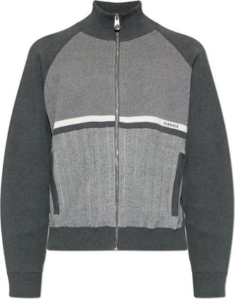 Versace Homme, Pulls, Gris, Taille: S Pull zipp&eacute; en maille de coton jacquard brod&eacute;
