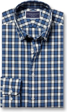 CHARLES TYRWHITT Bügelfreies Hemd aus Stretch-Popeline mit Button-down-Kragen und Schottenkaros - Ozeanblau