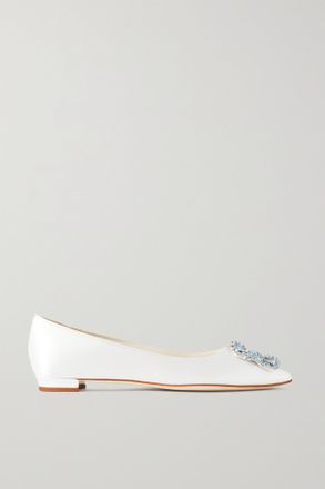 Manolo Blahnik Chaussures Plates À Bouts Pointus En Satin À Cristaux Hangisiflat - Blanc