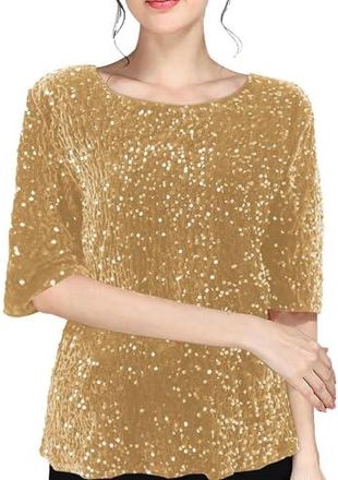 Generic Haut à manches 3/4 à paillettes pour femme tendance printemps été chemisier à paillettes col rond chemises scintillantes pour femmes hauts à manches c