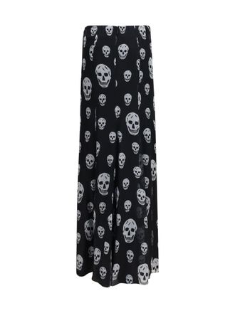Alexander McQueen Womens Draped Long Skull Skirt Black - White Silk