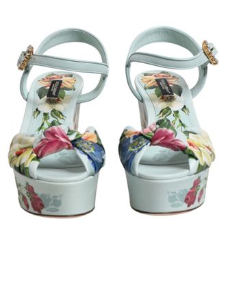 Dolce & Gabbana Floral-Printed Leather Wedge Sandal - Green