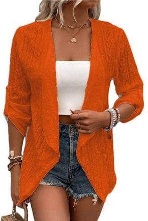 Minetom Cardigan Femme Dentelle Gilet Veste Casual L&eacute;ger Manches Longues Ouvert Devant Bol&eacute;ro Cardigan Manteau Top A Orange L