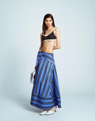 Topshop Jupe longue &agrave; taille basse et rayures effet raccord&eacute; - Bleu-Multicolore