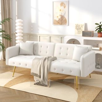Generic Schlafsofa 2 Sitzer Samt mit XXL Liegefl&auml;che 215cm Verstellbare Armlehnen & R&uuml;ckenlehne Splitback Goldene Beine Stabil 6 F&uuml;&szlig;e G&auml;stebett Sofa Bed Velve