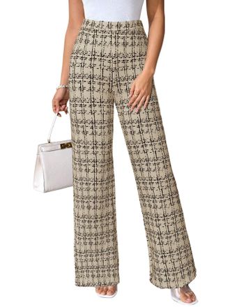 SOLY HUX Damen Hosen Elegant Freizeithose Hohe Taille Anzughose Kariert Casualhose Geradehose Palazzo Pants Herbst Outfit Khaki S