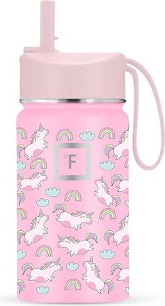 Iron Flask Kinder-Wasserflasche - 400 ml, Strohhalmdeckel, 20 Namensaufkleber, vakuumisolierter Edelstahl, doppelwandiger Becher, Reisebecher, Thermobecher, Meta