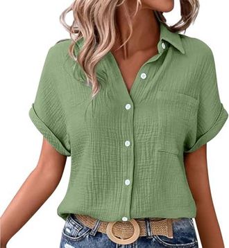 Generic T-shirt basique &agrave; manches courtes d&eacute;contract&eacute; pour femme - &Eacute;l&eacute;gant chemisier en mousseline - Col en V - Chemise boutonn&eacute;e - Couleur unie - Chemisier a