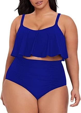 Pink Queen Ensemble tankini grande taille pour femme, 2 pièces, contrôle du ventre, grande taille, Bleu saphir, 3XL