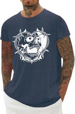 Generic T-shirts de Saint-Valentin pour homme - T-shirt gothique &agrave; motif t&ecirc;te de mort et coeur pour la Saint-Valentin - T-shirt tendance d&eacute;contract&eacute; graphique