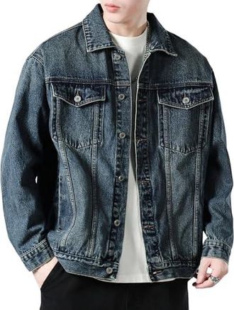 Generic Veste en jean dinspiration vintage pour homme avec plusieurs poches en coton m&eacute;lang&eacute;, lavable en machine, d&eacute;contract&eacute;, Bleu r&eacute;tro., 4XL