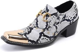 Generic Chaussures de bal tendance à enfiler avec bout en métal et talon en cuir véritable pour homme, noir/blanc, 38 2/3 EU