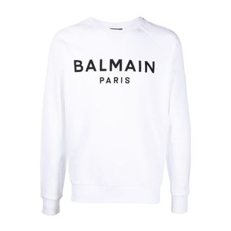 Balmain Femme, Sweatshirts et sweats &agrave; capuche, Blanc, Taille: 44 FR SweaT-shirt Blanc avec Logo et Bords C&ocirc;tel&eacute;s
