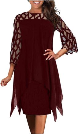 Generic Damen Kleid Plus Size Elegant Chiffon 3/4 Ärmel Mesh Kleider Hohe Taille Einfarbig Cocktailkleid Knielang Ballkleider Übergröße Sexy Partykleid für Fr