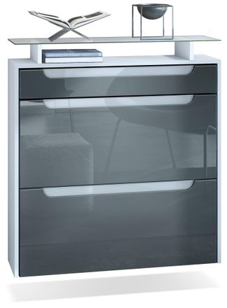 Vladon Schuhschrank Annie, Schuhkipper für 16 Paar Schuhe mit 2 Klappen, 1 Schublade und Glasablage, Weiß matt/Grau Hochglanz, Griffmulden in Weiß Hochglanz 