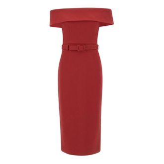 Rebecca Vallance Femme, Robes, Rouge, Taille: 38 FR Precious Robe Midi Ceinture Volants Bardot