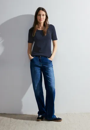 Cecil T-Shirt CECIL Style Lena, Damen, Gr. XL (44), blau (universal blau), Jersey, Obermaterial: 100% Baumwolle, unifarben, k&ouml;rpernah h&uuml;ftlang, Rundhals, ab