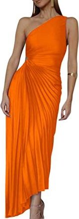 Minetom Robe de Soirée Femme Elegante Une Épaule sans Manches Plissée Party Cérémonie Mariage Demoiselle dhonneur Maxi Robe Longue Orange XXL