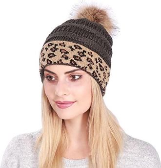 Generic Bonnet Femme Hiver Bonnet Femme Chapeau Femme Hiver Confortable Classique - Tricot C&acirc;bl&eacute; &Eacute;pais avec Fausse Pompon Et Imprim&eacute; L&eacute;opard, Bord Roulott&eacute; Do