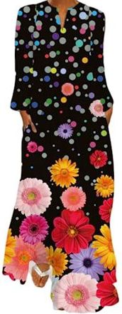 Ocean Plus Robe de Printemps et dété pour Femme avec Jupe Longue Col en V Manches Longues Poches et Imprimé Floral Ample (5XL, Marguerites Multicolores)