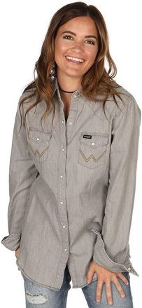 Wrangler Damen Lang&auml;rmeliges Westernhemd mit Druckkn&ouml;pfen Vorne Bluse, Grau, Gro&szlig;