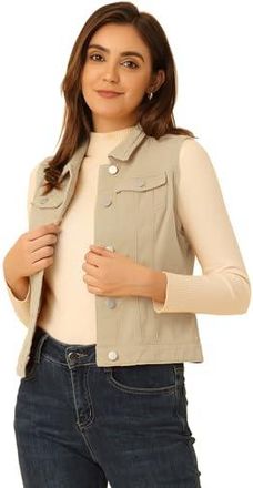 Allegra K Gilet en Denim Délavé Boutonné Femme Veste en Jean sans Manches avec Poches à Rabat Beige M