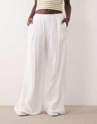 SNDYS Pantalon ample en coton m&eacute;lang&eacute; effet froiss&eacute; avec taille &eacute;lastique - Blanc
