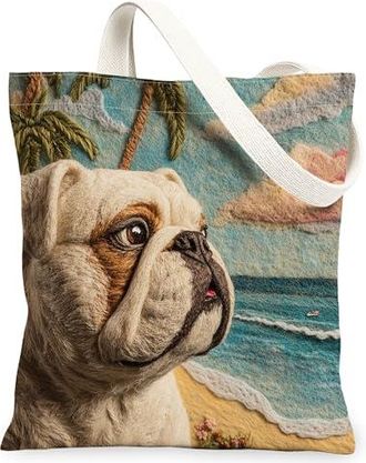 Generic Sac fourre-tout fantaisie en toile motif bouledogue pour le shopping 33 x 38 cm, sac d&eacute;picerie r&eacute;utilisable pour femme, peinture danimaux domestiques,
