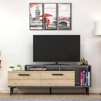 Hanah Home Modern TV Stand with 2 Drawers & Shelves, Sapphire Oak & Anthracite, 150 cm x 54 cm x 31.4 cm | 100% Melamine Coated, Stylish & Functional Storage Sol