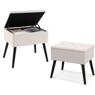 Costway Pouf en Velours avec Pieds en Bois Massif & Si&egrave;ge Rembourr&eacute; Rabattable, Tabouret Repose-Pieds avec Rangement, 53,5 x 38 x 46,5 cm, Charge 150KG, Beige