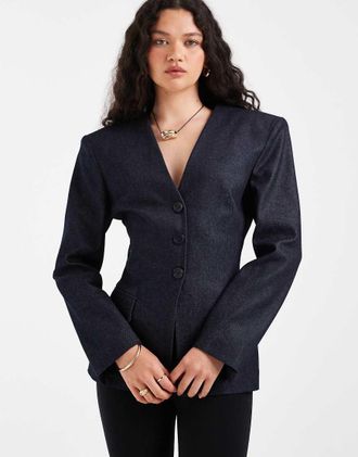 Asos Taillierter Blazer mit tiefem V-Ausschnitt-Blau