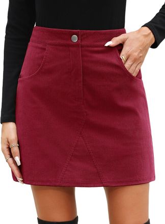 Heekpek Damen Cordrock Minirock Hohe Taille Rock Damen Herbst Winter Mini Skirt Wickelrock A-Linie Business Rock Kurz mit Taschen, Burgund, XXL