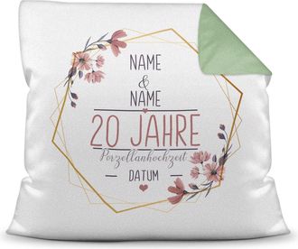 Tassendruck Kissen Hochzeitstag Porzellan Hochzeit - mit Name & Datum selbst gestalten - 20 Jahre Ehe, Geschenk Hochzeit, Jubiläum, Jahrestag - Farbkissen Rücksei