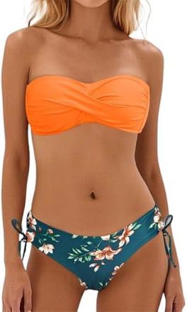 Generic Bikini bandeau sans bretelles pour femme - Haut de maillot de bain deux pièces à lavant avec bas à nouer sur le côté 2026, Orange, XXL
