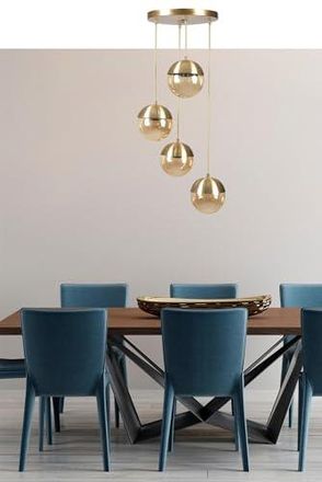 Opviq Elegant Gold Chandelier, Adjustable Height, Metal Body with Antique Coating, 70 cm Total Height, E27 Socket, Perfect for Modern Spaces, 15 cm Cap Diam