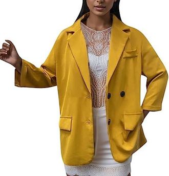 Generic Vestes pour femmes, printemps et &eacute;t&eacute;, d&eacute;contract&eacute;, couleur unie, boutons fins, manches trois-quarts 2026, jaune, M