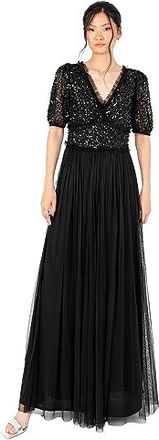 Maya Womens Maxi Dress Ladies V-Neck Short Sleeve Sequin Embellished Tulle Ruffle for Wedding Guest Bridesmaid Ball Gown Robes, Noir, 46